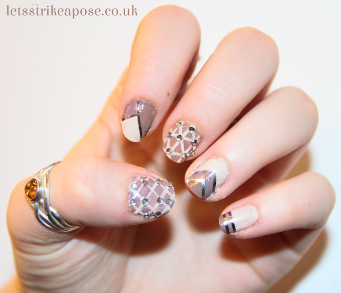 Neutral tones geometric nail art with a bit of sparkle - Strikeapose